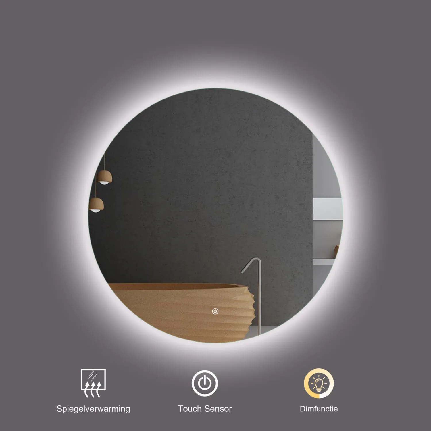 Ronde badkamerspiegel Dani zonder lijst met verwarming, LED verlichting ...