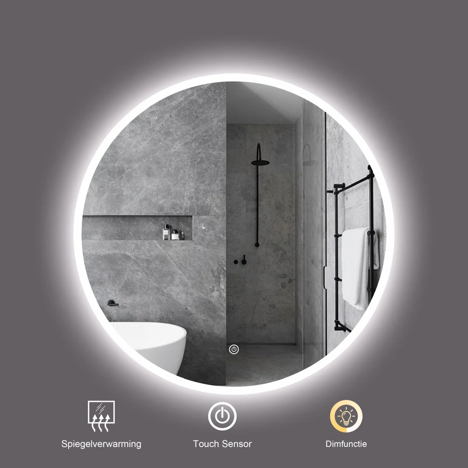 Ronde badkamerspiegel Dani zonder lijst met verwarming, Directe LED ...